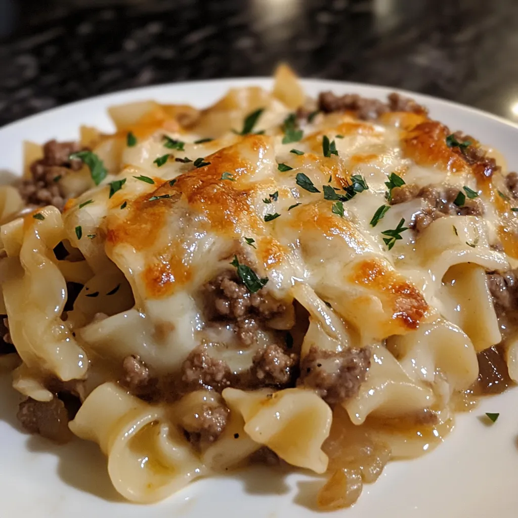 French Onion Ground Beef & Noodle Casserole